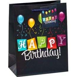 Geschenkt&uuml;te TSI Happy Birthday, Format A5, mit Tragekordel und Beschriftungsk&auml;rtchen, B 180 x T 100 x H 230 mm, PP-Folie, schwarz, 3 St&uuml;ck
