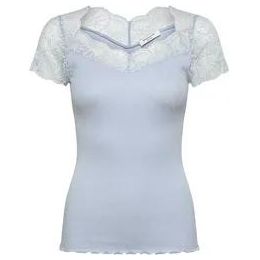 Spitzenshirt rosemunde "Beatha Lace Capsleeve T-Shirt mit Seide", Damen, Gr. L, jeansblau, Feinstrick, Obermaterial: 55% Seide, 45% Baumwolle, durchscheinend, gebl&uuml;mt, unifarben, eng h&uuml;ftbedeckend, V-Ausschnitt, Spitze, Shirts, wundersch&ouml;ne elastisch weiche Vintage-Spitze an Ausschnitt und &Auml;rmeln
