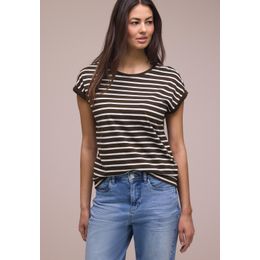 T-Shirt Street One, Damen, Gr. 34, espresso braun, Jersey, Obermaterial: 50% Baumwolle, 50% Modal, gestreift, regular fit normal, Rundhals, Shirts T-Shirt, mit Streifen Muster