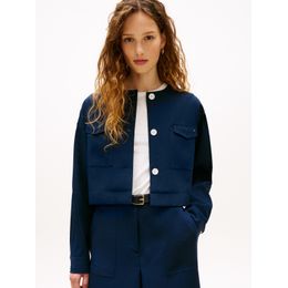 Kurzblazer Tommy Hilfiger "TAILORED UTILITY CROPPED JACKET", Damen, Gr. 38, schwarz night navy, Web, Obermaterial: 77% Viskose, 23% Nylon, unifarben, gerade h&uuml;ftlang, Rundhals, 1-Knopf-Manschette mit Schlitz, Blazer Kurzblazer, Boxy Fit, ohne Kragen