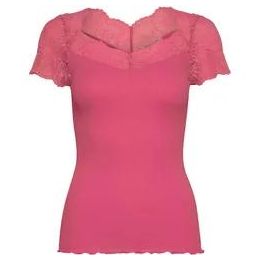 Spitzenshirt rosemunde "Beatha Lace Capsleeve T-Shirt mit Seide", Damen, Gr. L, himbeere, Feinstrick, Obermaterial: 55% Seide, 45% Baumwolle, durchscheinend, gebl&uuml;mt, unifarben, eng h&uuml;ftbedeckend, V-Ausschnitt, Spitze, Shirts, wundersch&ouml;ne elastisch weiche Vintage-Spitze an Ausschnitt und &Auml;rmeln