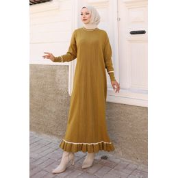 Stein Detailed Cuff Strick Kleid Khaki