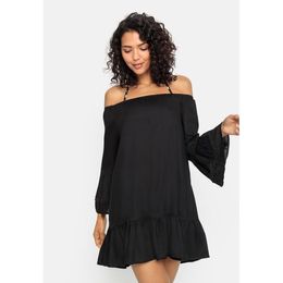 Lascana Longbluse schwarz Gr. 40/42 f&uuml;r Damen. Carmenausschnitt und Spitzenb&auml;nder. Figurumspielend. Nachhaltig.