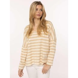T-Shirt Zwillingsherz "Streifen & Jersey", Damen, beige, Jersey, Obermaterial: 100% Baumwolle, gestreift, mehrfarbig, bequem Po-bedeckend, V-Ausschnitt, gerader Abschluss, Shirts T-Shirt, Streifenmuster, V-Neck, offene Kanten f&uuml;r Used Look