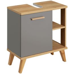 Waschbeckenunterschrank SAPHIR "mit einem seitlichen Ablagefach", quarzgrau glanz, riviera eiche quer nachbildung, B:60,5cm H:65cm T:33cm, Holzwerkstoff, Schr&auml;nke, Waschbeckenunterschrank