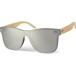 Sonnenbrille styleBREAKER "Monoglas Nerd Sonnenbrille Bambus B&uuml;gel", Damen, braun (gestell hellbraun, glas silber verspiegelt), Modisch, Sonnenbrillen Sonnenbrille