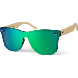 Sonnenbrille styleBREAKER "Monoglas Nerd Sonnenbrille Bambus B&uuml;gel", Damen, braun (gestell hellbraun, glas gr&uuml;n, blau verspiegelt), Modisch, Sonnenbrillen Sonnenbrille