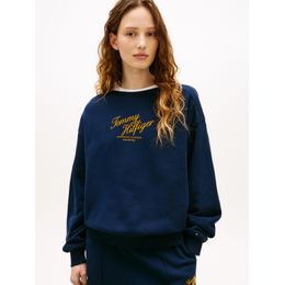 Sweatshirt Tommy Hilfiger "MDRN SCRIPT TERRY SWEATSHIRT", Damen, Gr. L (42/44), schwarz night navy, Sweatware, Obermaterial: 100% Baumwolle, unifarben mit Farbeinsatz, regular fit kurz, Rundhals, Sweatshirts Sweatshirt, mit Tommy Hilfiger-Branding