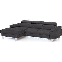 Ecksofa COTTA "Komaris L-Form, B: 244 cm", grau, B:244cm H:72cm T:166cm, Microfaser PRIMABELLE (100% Polyester);Kunstleder SOFTLUX(100%Polyurethan);Feinstruktur (100% Polyester);Kunstleder SOFTLUX/Struktur (100%Polyurethan, 90%Polyester, 10% Polyacryl), Sofas, Ecksofa, mit Kopfteilverstellung, optional Bettfunktion, Bettkasten & Licht