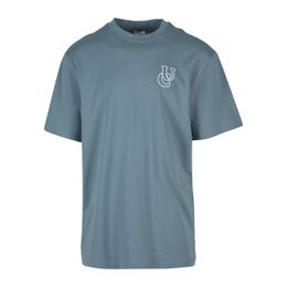 T-Shirt Urban Classics "Urban Classics UC Shiny Logo Tall Tee", Damen, Gr. M, dusty blau, 100% Baumwolle, bedruckt, oversize, Rundhals, Shirts T-Shirt