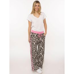 Sweathose Zwillingsherz "Leo mit Kontrastbund", Damen, Gr. N-Gr, rosa, Web, Obermaterial: 47% Viskose, 45% Polyester, 8% Elasthan, gemustert, mehrfarbig, lang, Hosen Sweathose, mit Kontrastbund, Kordelzug, Leomuster