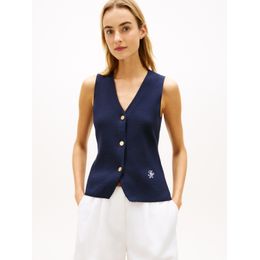 Strickweste Tommy Hilfiger "CO FULL NEEDLE SLIM VEST", Damen, Gr. L (42/44), schwarz night navy, Strick, Obermaterial: 100% Baumwolle, unifarben, slim fit h&uuml;ftbedeckend, V-Ausschnitt, Westen Strickweste, mit Monogramm-Stickerei, V-Ausschnitt