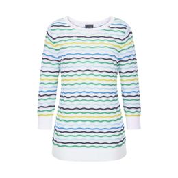 Rundhalspullover GOLDNER "Kurzgr&ouml;&szlig;e Baumwollpullover mit Wellenmuster", Damen, Gr. 21, blau (blau, gr&uuml;n, gemustert), Obermaterial: 50% Baumwolle CO. 50% Polyacryl PAN., gerade, U-Boot-Ausschnitt, Pullover Rundhalspullover, modische Wellenoptik