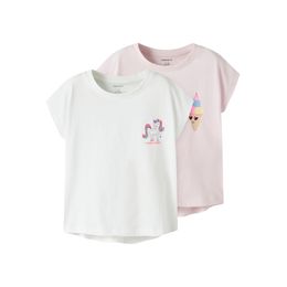 Kurzarmshirt name it "NMFVARUTTI 2P CAPSL LOOSE TOP", M&auml;dchen, Gr. 104, hellwei&szlig; pack:cradle pink, Jersey, Obermaterial: 100% Baumwolle, bedruckt, loose fit normal, Rundhals, Shirts, Baumwolle, loose fit