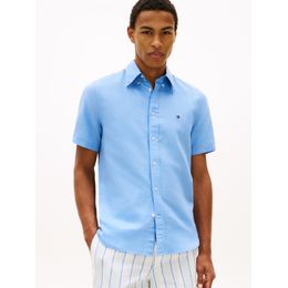 Kurzarmhemd Tommy Hilfiger "LINEN BLEND SOLID", Herren, Gr. M, N-Gr, cloudy blau, Web, Obermaterial: 52% Baumwolle, 48% Leinen, regular fit normal, Hemden