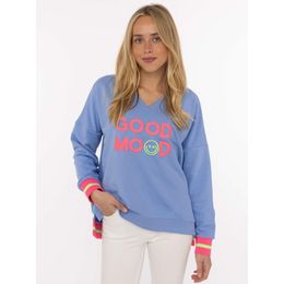 Sweatshirt Zwillingsherz "Dana", Damen, Gr. L/XL, blau (new blau), Sweatware, Obermaterial: 50% Baumwolle, 50% Polyester, unifarben mit Farbeins&auml;tzen, normal h&uuml;ftlang, V-Ausschnitt, Sweatshirts Sweatshirt, Neon-B&uuml;ndchen, V-Ausschnitt, Langarm, Front-Stickerei
