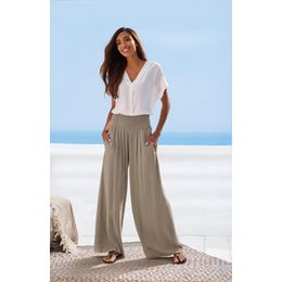 Leinenhose French Connection, Damen, Gr. 32/34, N-Gr, khaki, Web, Obermaterial: 80% Viskose, 20% Leinen, unifarben, Basic, figurumspielend lang, Hosen, mit gerafftem Bund, weite Palazzohose f&uuml;r den Sommer
