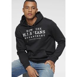 H.I.S. Kapuzensweatshirt H.I.S, Herren, Gr. M (48/50), schwarz, angeraute Sweatware, Obermaterial: 60% Baumwolle, 40% Polyester, bedruckt, normal, Rundhals, Rippb&uuml;ndchen, Sweatshirts, mit Print und Badge, Kapuze, f&uuml;r sportliche Outfits