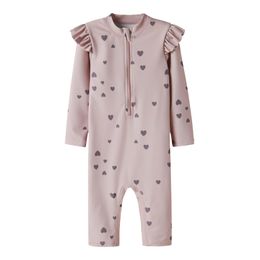 Badeanzug name it "NMFZIPPA 3/4 UV SWIMSUIT", M&auml;dchen, Gr. 86, N-Gr, burnished lila, Jersey, Obermaterial: 84% Polyester, 16% Elasthan, bedruckt, Badeanz&uuml;ge Badeanzug, Overall mit langem Arm und R&uuml;schen