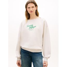 Sweatshirt Tommy Hilfiger "MDRN SCRIPT TERRY SWEATSHIRT", Damen, Gr. L (42/44), heather oatmilk, Sweatware, Obermaterial: 100% Baumwolle, meliert, regular fit kurz, Rundhals, Sweatshirts Sweatshirt, mit Tommy Hilfiger-Branding