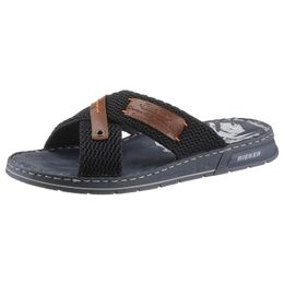 Pantolette Rieker, Herren, Gr. 40, blau (dunkelblau, braun), Lederimitat, Textil, Schuhe Pantolette Sommerschuh, Sommerschuh, Schlappen, Poolslides, mit Kontrastdetails