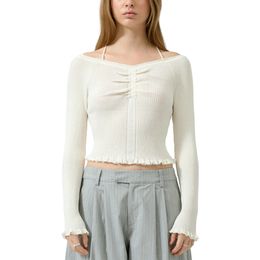 Strickpullover QS, Damen, Gr. L (40), ecru, Rippstrick, Obermaterial: 89% Viskose, 11% Polyamid, unifarben, k&ouml;rpernah taillenlang, U-Boot-Ausschnitt, R&uuml;schen, Pullover Strickpullover, im Ripp-Look und mit U-Boot-Ausschnitt und B&auml;ndern