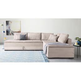 Ecksofa Home Affaire "Night & Day L-Form, B: 321 cm, mit Dauer-Schlaffunktion 180x200 cm", beige, B:321cm T:218cm, 100% Polyester, Sofas, Ecksofa, Bettfunktion, Bettkasten, Topper & 3 Zierkissen, Boxspringbett in Cord, Topseller