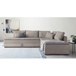 Ecksofa Home Affaire "Night & Day L-Form, B: 321 cm, mit Dauer-Schlaffunktion 180x200 cm", grau (taupe), B:321cm T:218cm, 100% Polyester, Sofas, Ecksofa, Bettfunktion, Bettkasten, Topper & 3 Zierkissen, Boxspringbett in Cord, Topseller