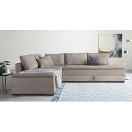Ecksofa Home Affaire "Night & Day L-Form, B: 321 cm, mit Dauer-Schlaffunktion 180x200 cm", grau (taupe), B:321cm T:218cm, 100% Polyester, Sofas, Ecksofa, Bettfunktion, Bettkasten, Topper & 3 Zierkissen, Boxspringbett in Cord, Topseller