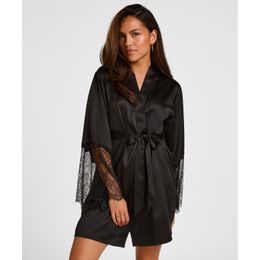 Hunkem&ouml;ller Bademantel HUNKEM&Ouml;LLER "Satin Kimono" Gr. M, schwarz, M/L, 100% Polyester, Hausm&auml;ntel, Bademantel