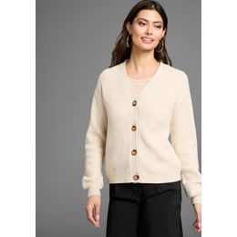 Strickjacke Laura Scott, Damen, Gr. 32/34, beige (beige, melange), Grobstrick, Obermaterial: 50% Viskose, 28% Polyester, 22% Polyamid, clean, unifarben, Basic, l&auml;ssig geschnitten h&uuml;ftlang, V-Ausschnitt, B&uuml;ndchen, Strickjacken Strickjacke, aus Grobstrick, perfekt f&uuml;r den &Uuml;bergang