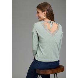 3/4 Arm-Pullover Laura Scott, Damen, Gr. 42, salbei, Feinstrick, Obermaterial: 70% Viskose, 30% Polyamid, unifarben, figurumspielend h&uuml;ftlang, Rundhals, Strickkante, Pullover, leichter Pullover mit Spitzeneinsatz und Schleifendetail