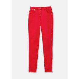 Madeleine Mode Regular-fit-Jeans MADELEINE "Jeans Mid Waist Skinny-Hose mit Fransen", Damen, Gr. 18, N + K Gr, rot, Obermaterial: 92% Baumwolle CO. 6% Polyester PES. 2% Elasthan EL., Modern, normal, Jeans, mit Fransensaum