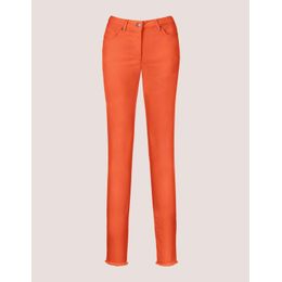 Madeleine Mode Regular-fit-Jeans MADELEINE "Jeans Mid Waist Skinny-Hose mit Fransen", Damen, Gr. 34, N + K Gr, lila (cyclam), Obermaterial: 92% Baumwolle CO. 6% Polyester PES. 2% Elasthan EL., Modern, normal, Jeans, mit Fransensaum