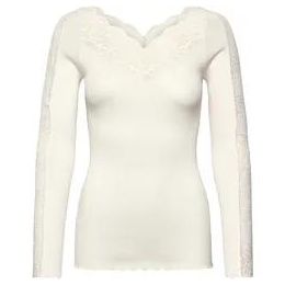 Spitzenshirt rosemunde "Beatha lace longsleeve mit Seide", Damen, Gr. XS, wollwei&szlig;, Rippstrick, Obermaterial: 55% Seide, 45% Baumwolle, figurbetont h&uuml;ftlang, V-Ausschnitt, Shirts, elastisch weiche Vintage-Spitze am Ausschnitt und entlang der &Auml;rmel
