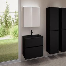 evineo ineo5 evo Unterschrank B: 60 cm mit 2 Ausz&uuml;gen, Slim-Waschtisch schwarz matt, mit ineo Spiegelschrank,, BE0834BM+BE0956BM+BEA001MI,