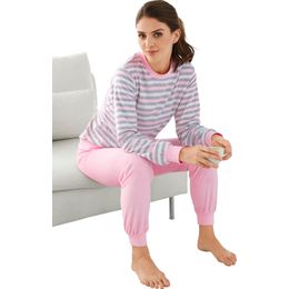 Damen Schlafanzug aus Feinfrottee ros&eacute;-geringelt, Gr&ouml;&szlig;e 40/42