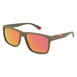 Polaroid PLD 2164/S | Herren-Sonnenbrille | Fassung: Vollrand, Eckig, Kunststoff, Khaki | Glasfarbe: Rot