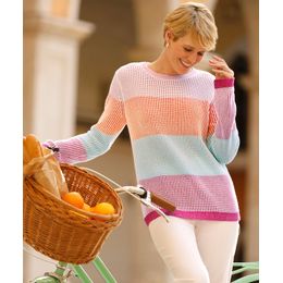 Strickpullover Classic Basics "Langarm-Pullover", Damen, Gr. 46, fuchsia, aquamarin, gemustert, 60% Baumwolle, 40% Polyacryl, gemustert, gestreift, mehrfarbig, Pullover Strickpullover