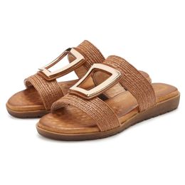 Pantolette Vivance "Sandale, Sommerschuh, offener Schuh, Mule", Damen, Gr. 36, braun, goldfarben, Obermaterial: 100% Textilmaterial. Decksohle: 100% Lederimitat. Futter: 100% Lederimitat. Laufsohle: 100% Synthetik, mehrfarbig, unifarben, Basic, Schuhe Pantolette, NEU mit modischem Schmuckelement und softer Innensohle VEGAN