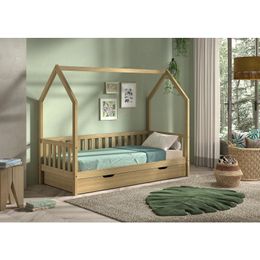 Vipack CABANE Hausbett 90x200 cm, seitlicher Umrandung, Bettschublade, Eiche massiv natur