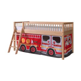 Vipack FAGUS halbhohes Bett 90 x 200 cm, inkl. Lattenrost, mit Textilset "FIRE RESCUE", Ausf. Buche massiv natur