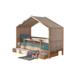 Vipack FAGUS Hausbett mit Liegefl&auml;che 90 x 200 cm, inkl. Lattenrost, Bettschublade, Absturzschutz, Textilhimmel, Ausf. Buche massiv natur