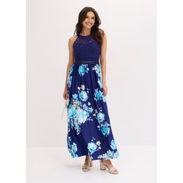 bonprix Maxikleid mit Blumen-Print und Spitze, blau, Gr.38, Romantisch und feminin: Jerseykleid mit Spitzen-Oberteil