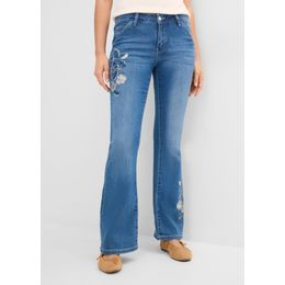 bonprix Flared Jeans Mid Waist Stretch, blau, Gr.52, Sch&ouml;ne Schlagjeans mit verspielter Blumenstickerei, 82% Baumwolle
