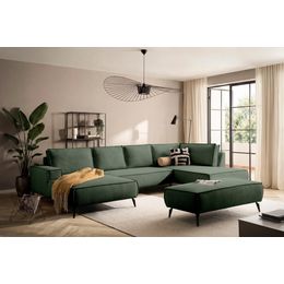 Wohnlandschaft Home Affaire "mit Hocker, TVINNU, moderne U-Form in Cord oder Leinenoptik", dunkelgr&uuml;n, B:354cm H:83cm T:193cm, Sofas, Wohnlandschaft, Recamiere rechts/links, stellbar zum Schlafsofa (Krokodilverbinder)