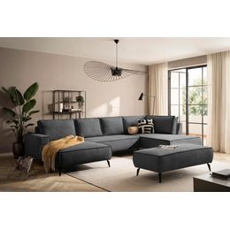 Wohnlandschaft Home Affaire "mit Hocker, TVINNU, moderne U-Form in Cord oder Leinenoptik", anthrazit, B:354cm H:83cm T:193cm, Sofas, Wohnlandschaft, Recamiere rechts/links, stellbar zum Schlafsofa (Krokodilverbinder)
