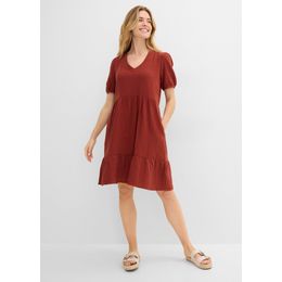 bonprix Oversized-Kleid aus Baumwoll-Musselin, braun, Gr.46, Weites Baumwollkleid mit streckendem V-Ausschnitt, aus Musselin