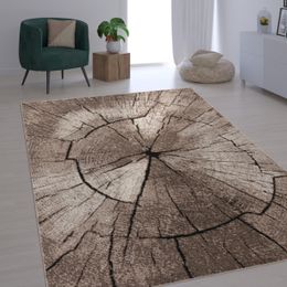 Teppich Paco Home "Rodos 605", beige, B:140cm H:18mm L:200cm, Polyester, Polypropylen, Teppiche, Teppich, Kurzflor, Motiv Baumstumpf, Holz, ideal im Wohnzimmer & Schlafzimmer