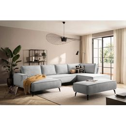 Wohnlandschaft Home Affaire "mit Hocker, TVINNU, moderne U-Form in Cord oder Leinenoptik", hellgrau, B:354cm H:83cm T:193cm, Sofas, Wohnlandschaft, Recamiere rechts/links, stellbar zum Schlafsofa (Krokodilverbinder)